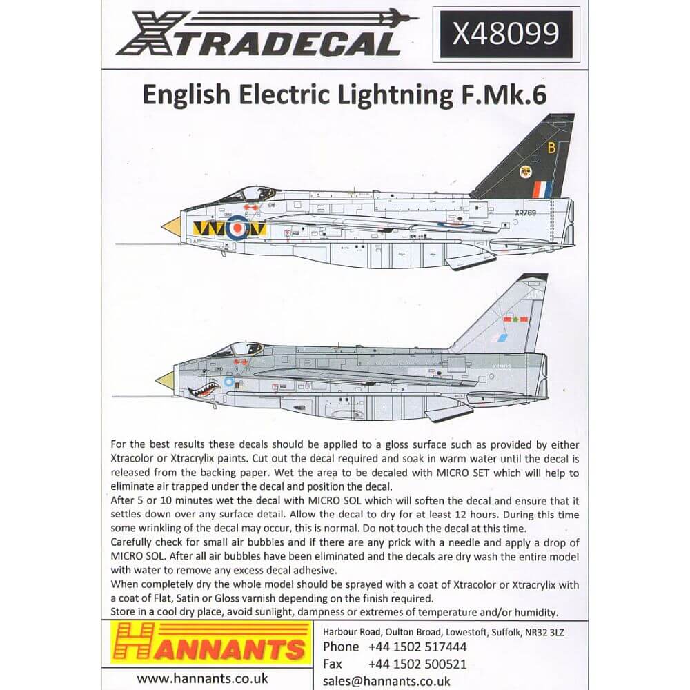 1:48 EE Lightning F.3A and F.6 Decals X48099 Xtradecal – SGS Model Store